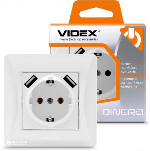 Розетка 1-я с заз. +2USB VIDEX Binera VF-BNSK1GU2-W бел.